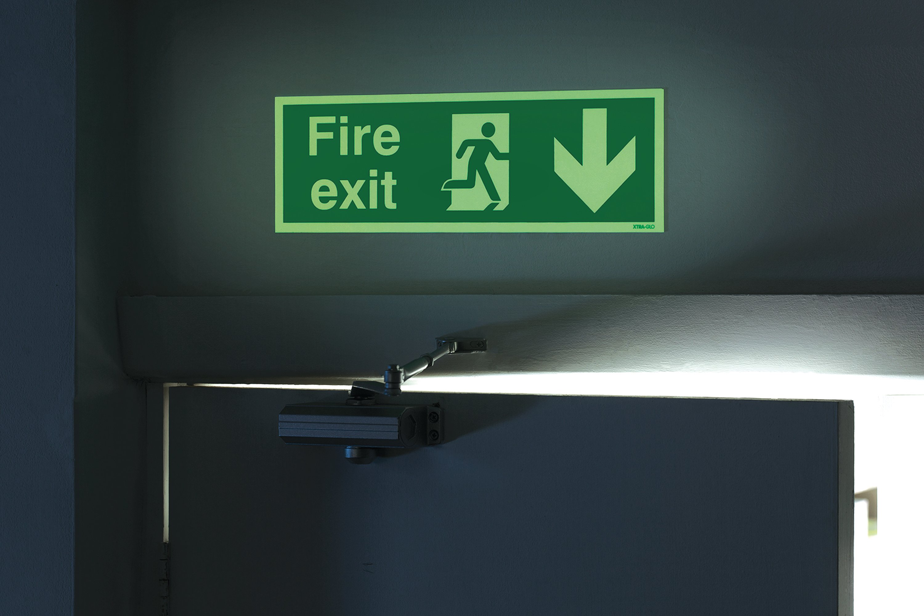 Safety Sign Niteglo Fire Exit Running Man Arrow Down 150x450mm PVC FX04211M