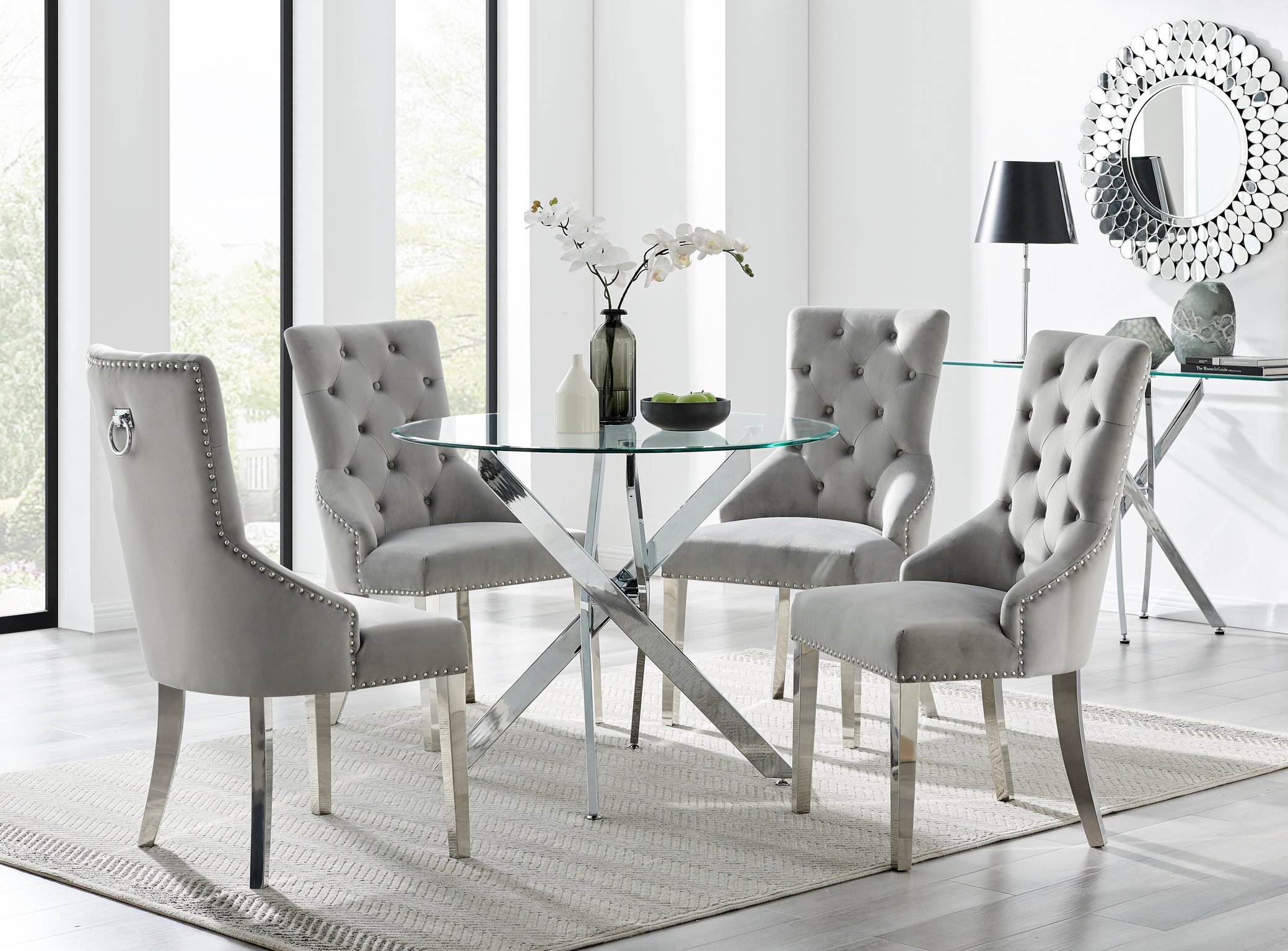 NOVARA 100cm Round Glass Dining Table 2 4 Velvet Knockerback Belgravia Chairs
