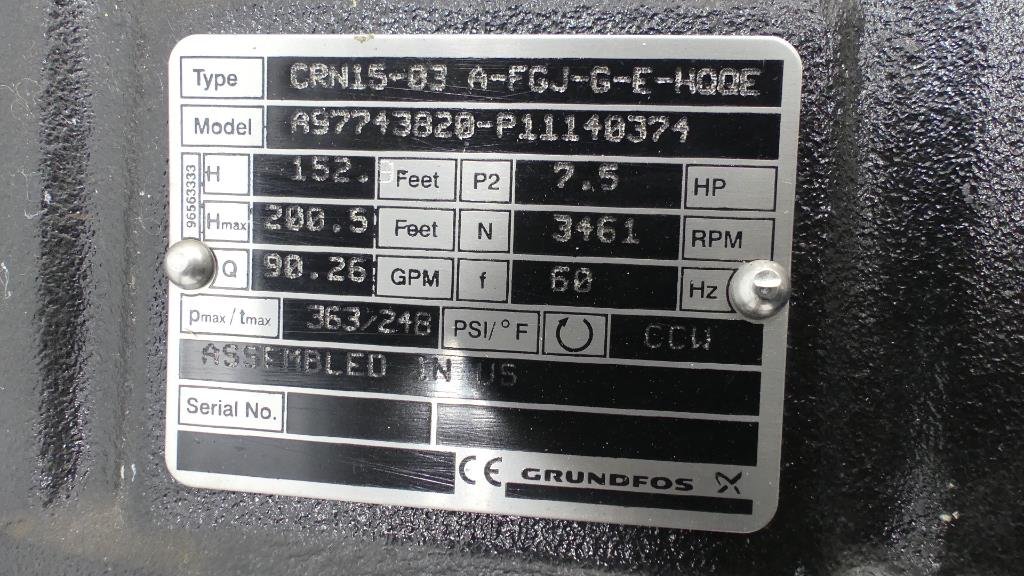 Used Grundfos CRN15 Centrifugal Pump w 10 hp motor