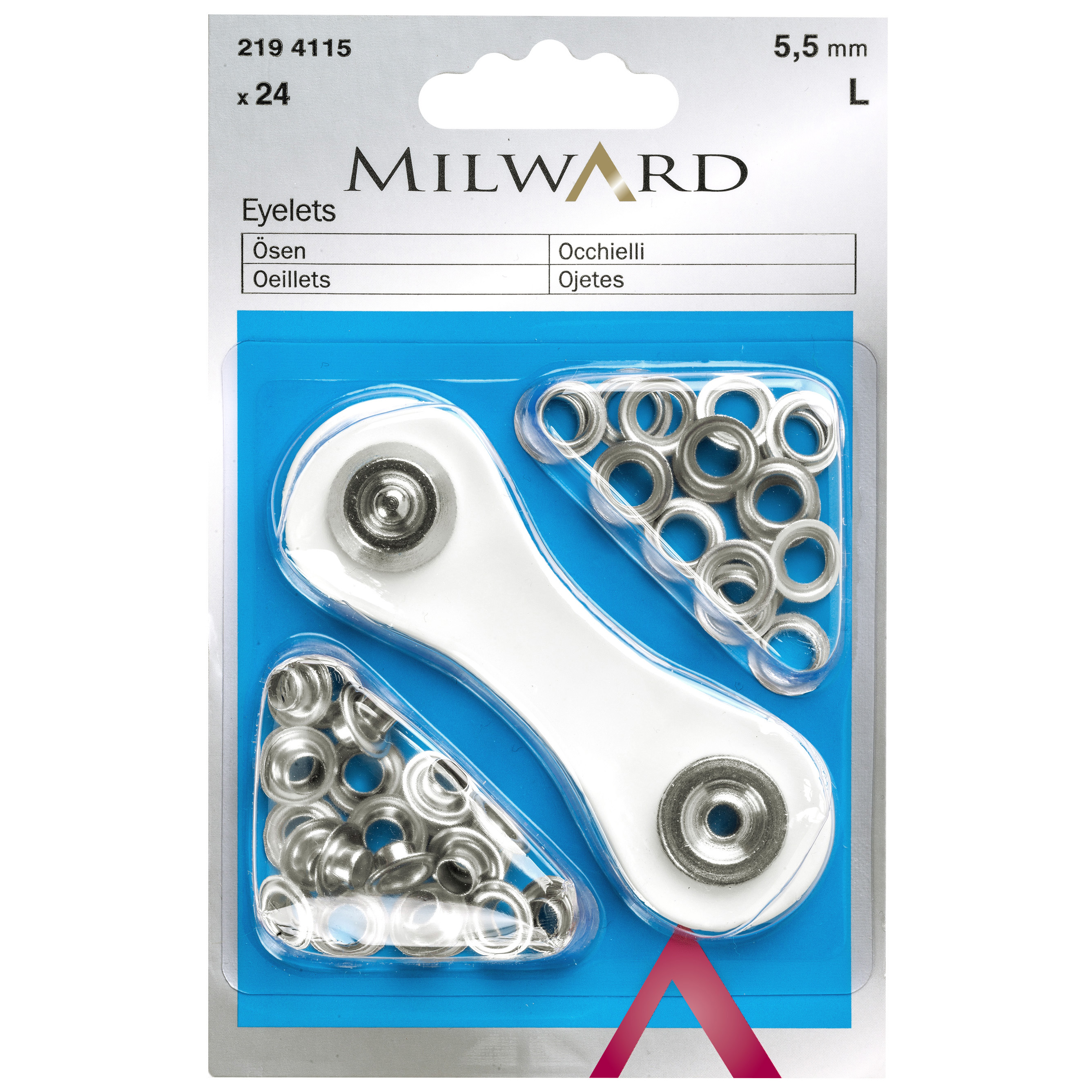 Eyelets: Brass: Silver: 5.5mm: 24 Pieces - Milward - Groves and Banks