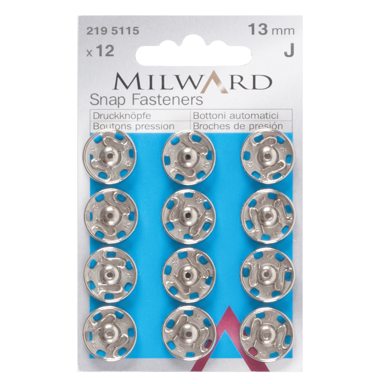 Snap Fasteners: Silver: 13mm: 12 Pieces - Milward - Groves and Banks