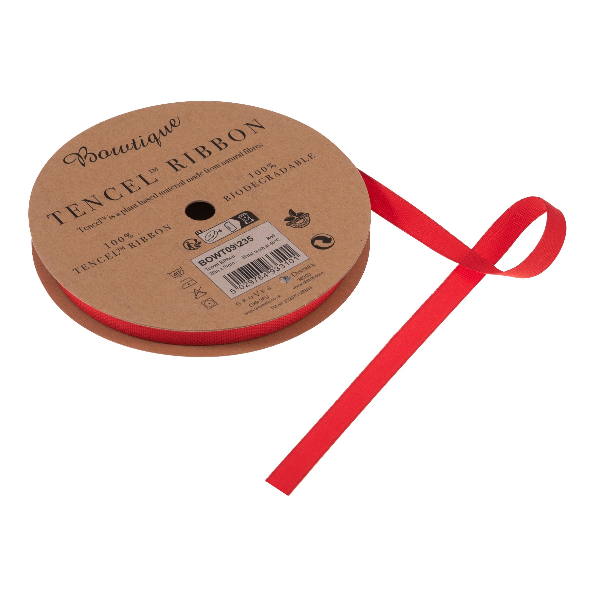 Ribbon: TENCEL™ Biodegradable: 20m x 9mm: Red - Bowtique - Groves and Banks