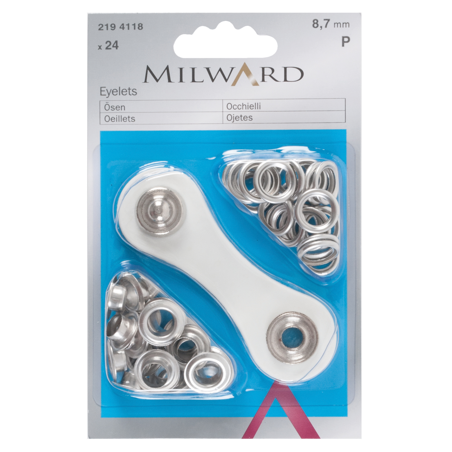 Eyelets: Brass: Silver: 8.7mm: 24 Pieces - Milward - Groves and Banks