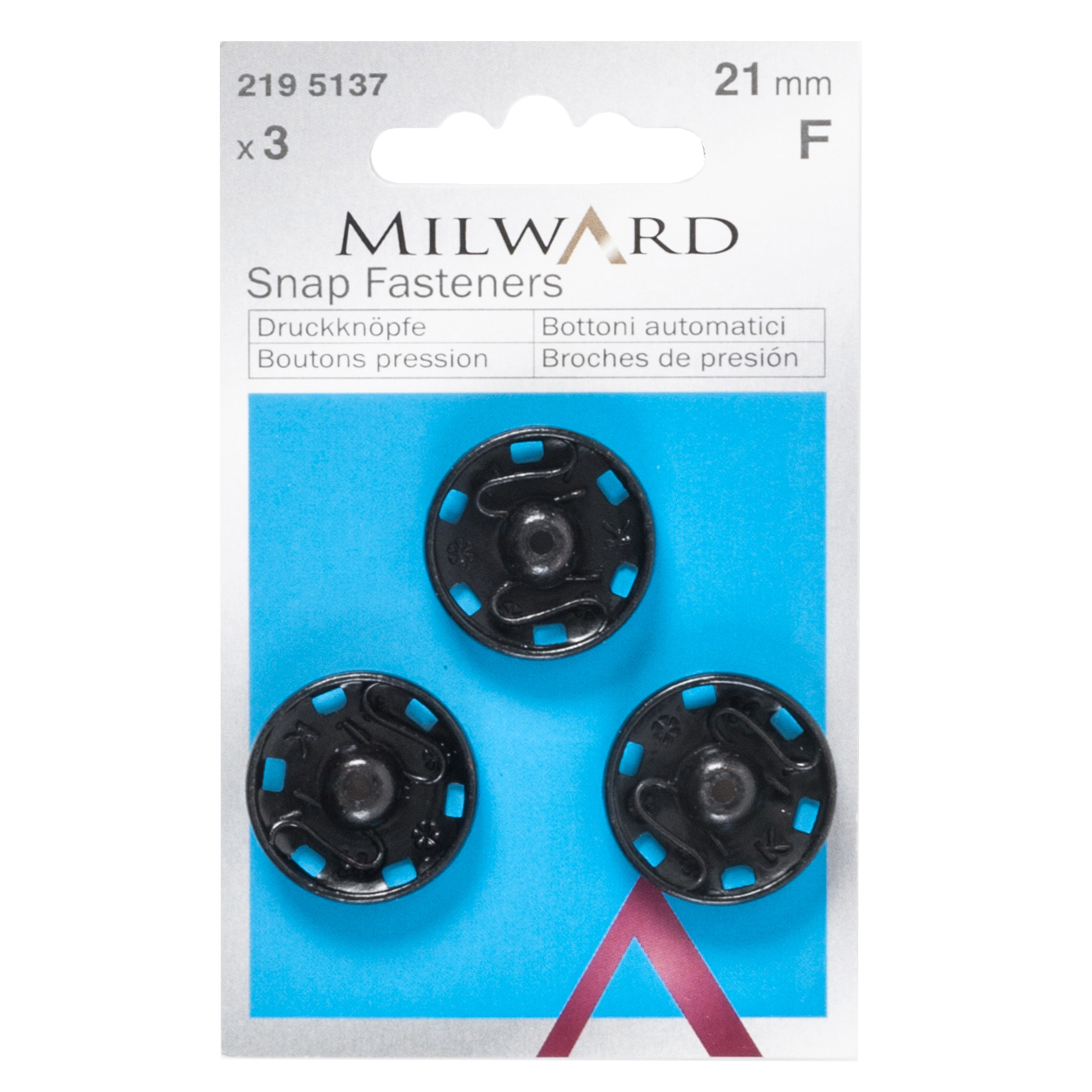 Snap Fasteners: Black: 21mm: 3 Pieces - Milward - Groves and Banks