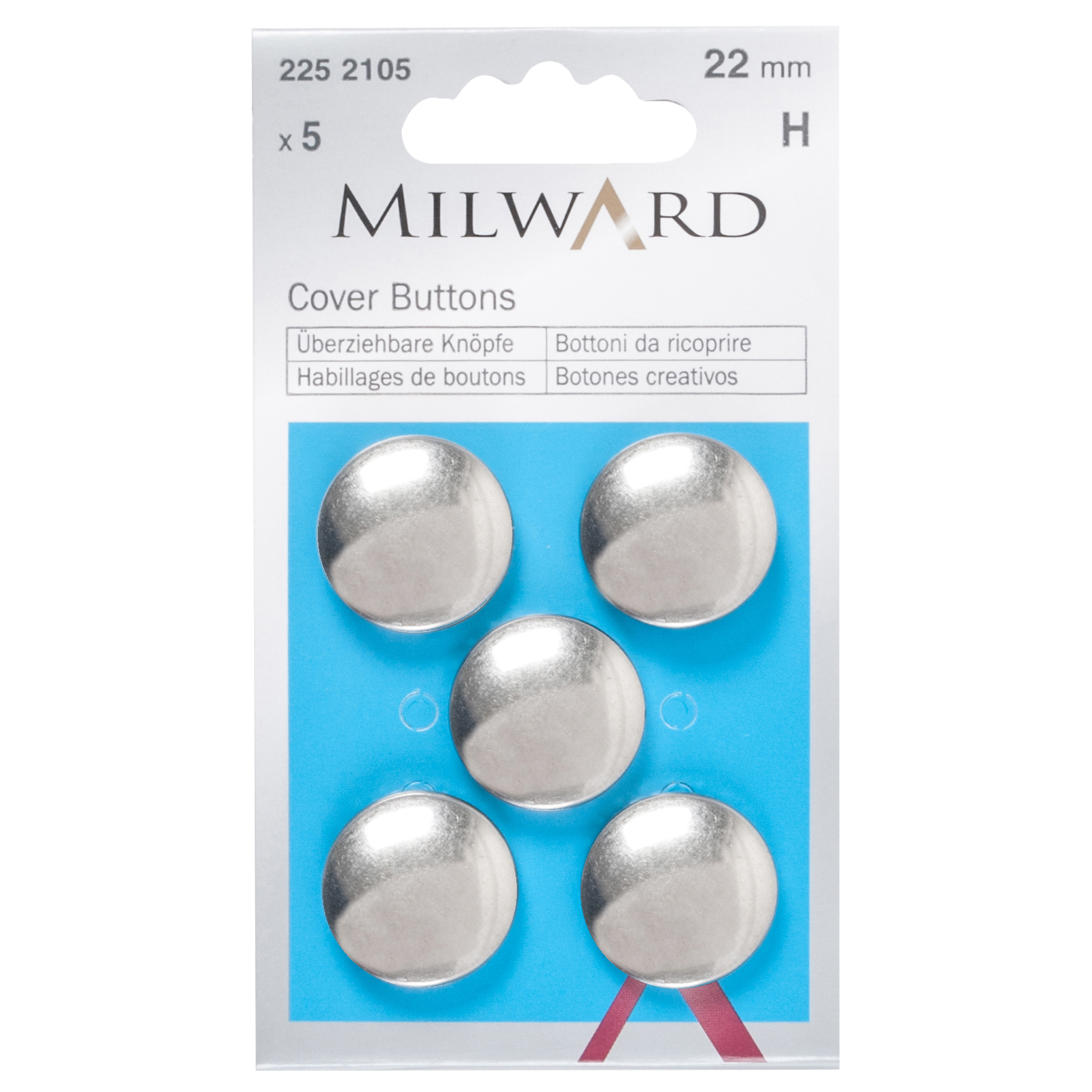 Buttons: Cover: Steel: Silver: 22mm: 5 Pieces - Milward - Groves and Banks