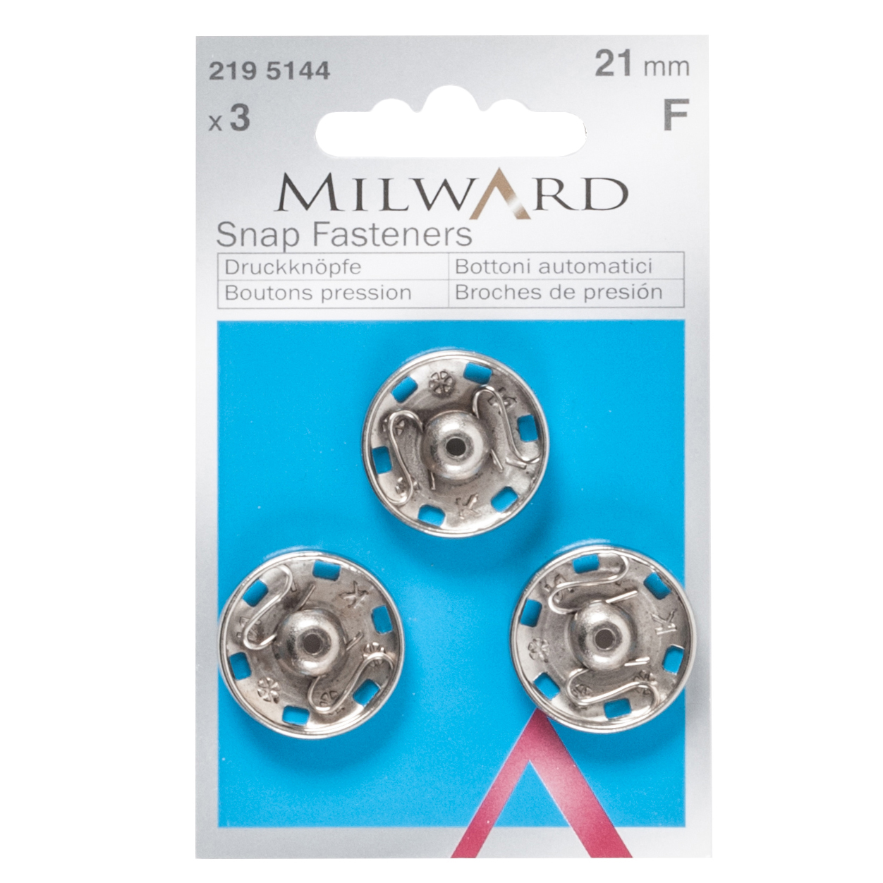 Snap Fasteners: Silver: 21mm: 3 Pieces - Milward - Groves and Banks