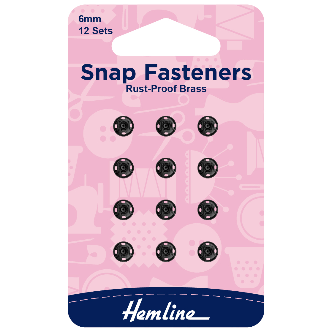 Snap Fasteners: Sew-on: Black: 6mm: Pack of 12 - Hemline - Groves and Banks