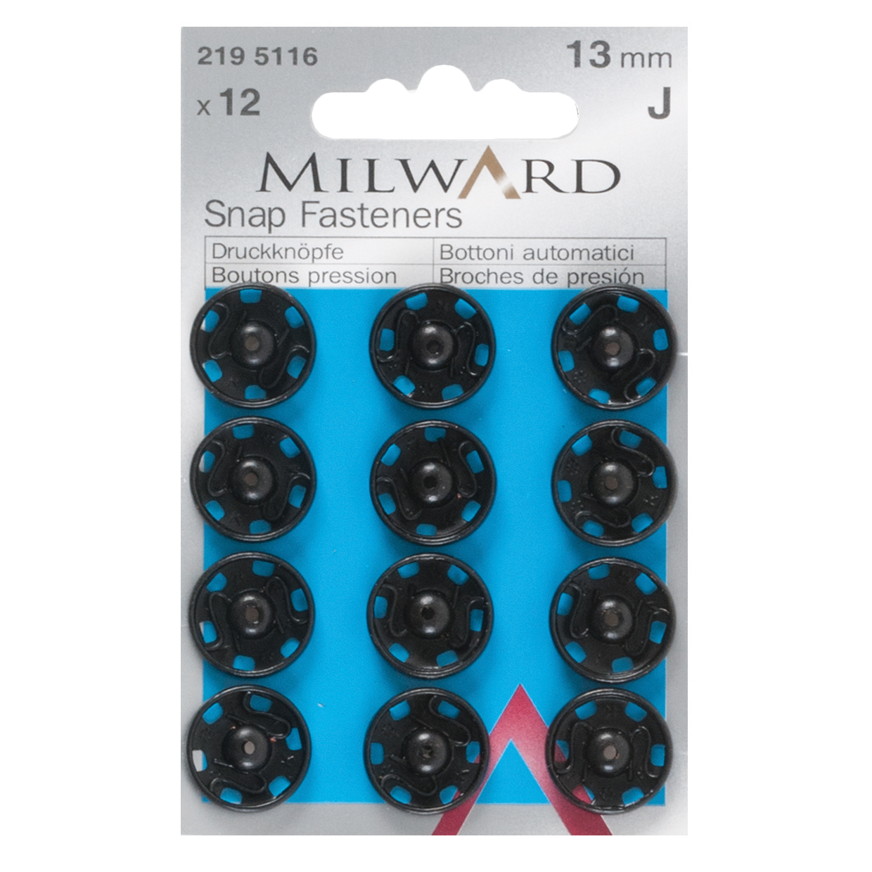 Snap Fasteners: Black: 13mm: 12 Pieces - Milward - Groves and Banks