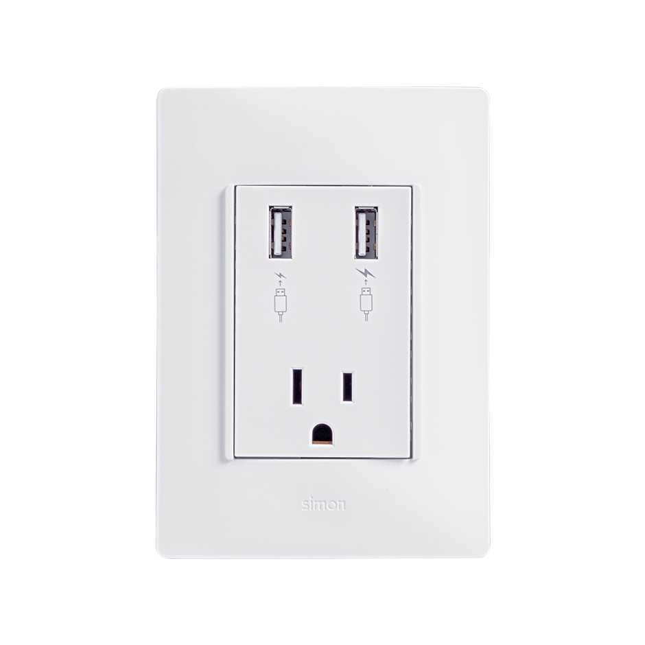 Plate with socket 2P+T and 2 USB chargers white Simon 26 | Simon