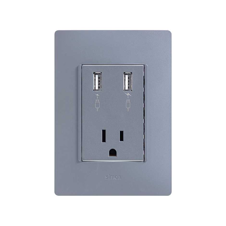 Plate with 2P+T socket and 2 USB chargers graphite Simon 26 | Simon