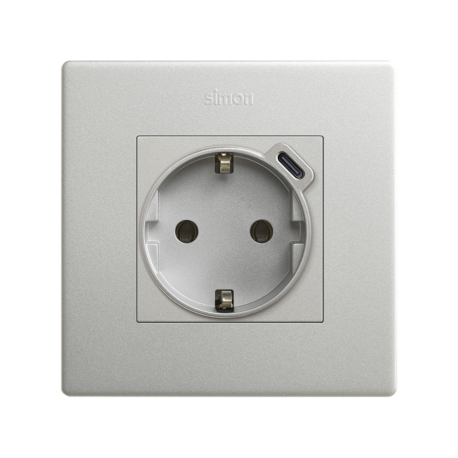 Tomada Schuko 16 A 250V~ com carregador USB C 10,5W alumínio Simon 270 ...