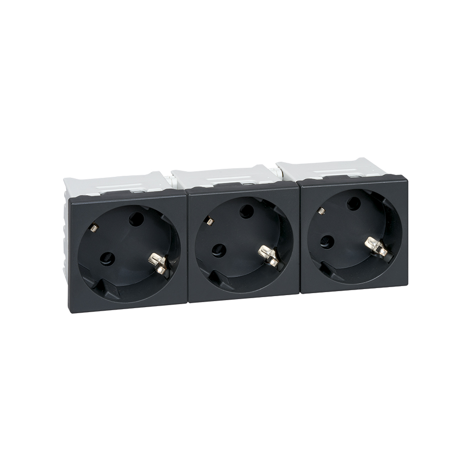 Triple Schuko socket outlet 16A 250V~ with safety device and quick terminal connection black K45 ...