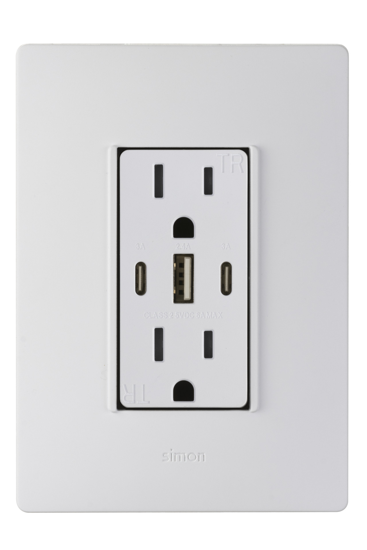 Placa Nema con toma de corriente dúplex C/USB C+A+C 10A 127V~ blanco Simon 26 | SIMON