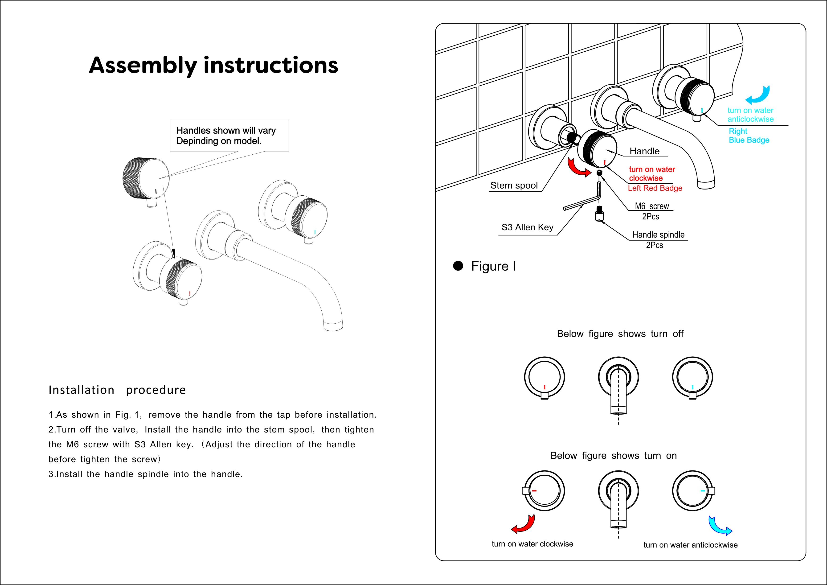 Meriden FULL knurling brass PAIR handle for Wall Mounted 3TH Basin/Bath ...